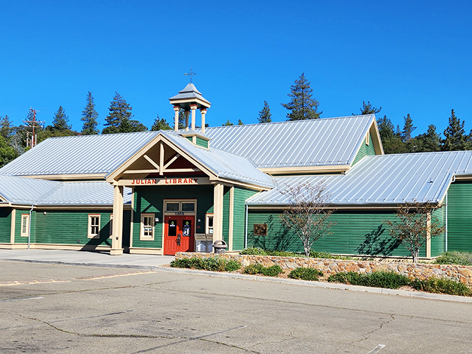 The Julian Library's green exterior and welcoming porch offer a peaceful haven for book lovers in this mountain town.
