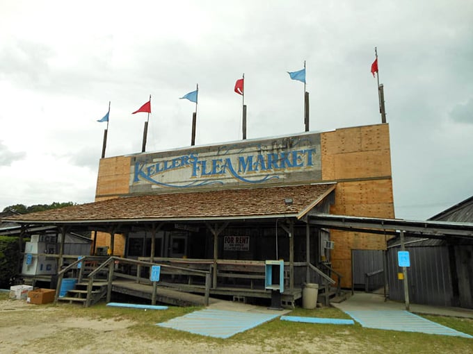 Colorful flags wave in the coastal breeze at Keller's, where shopping adventures begin under Georgia skies.