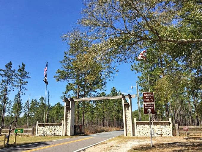 The entrance to a state forest near Live Oak invites exploration of Florida's wilderness, a free entertainment option for budget-conscious retirees.