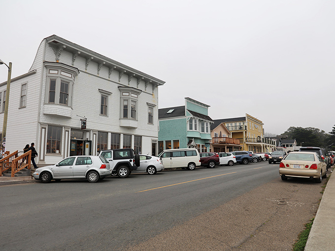 The pastel-perfect storefronts of Mendocino – where fog and charm compete for your attention daily.