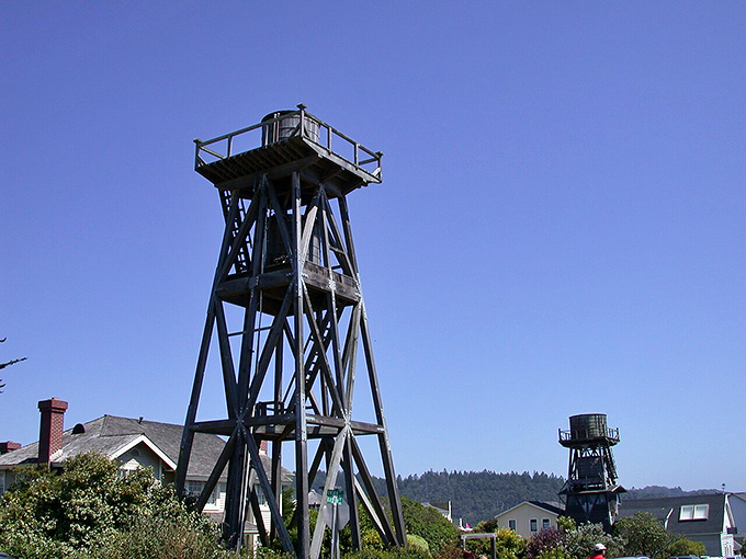 Historic water towers stand like wooden sentinels over Mendocino, remnants of a bygone era when gravity did the plumbing work.