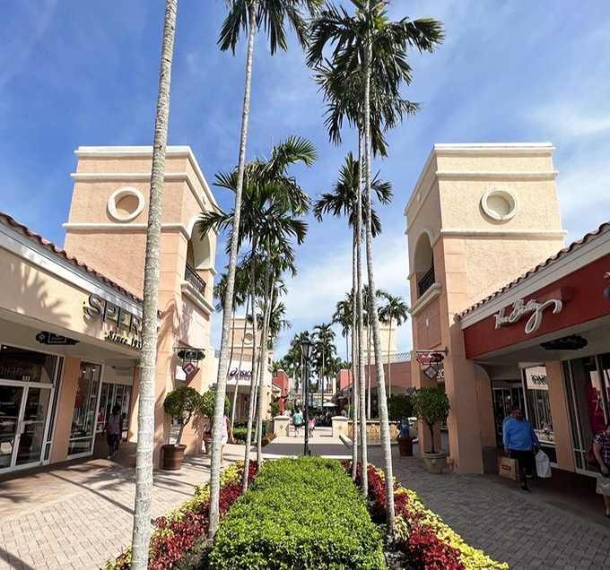 Palm-lined walkways at Miromar Outlets create a shopping oasis where finding deals feels like a tropical adventure.