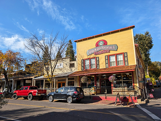 The covered walkways and historic storefronts create an inviting atmosphere for wandering and window shopping.