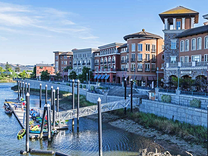 European-inspired architecture reflects in calm waters, creating California's answer to Italian elegance.