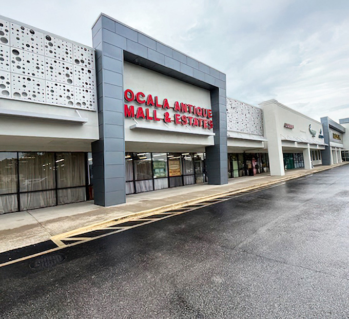 The contemporary exterior of Ocala Antique Mall stands like a vault, protecting generations of American craftsmanship and design within.