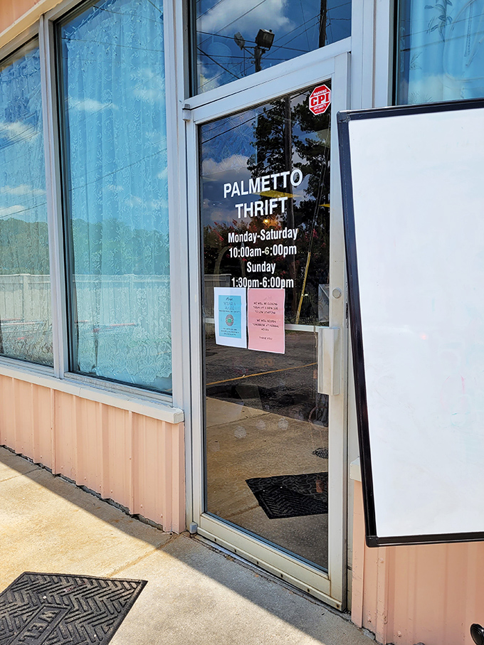 The welcoming storefront displays hint at the organized shopping experience waiting inside this popular Columbia thrift destination for budget-conscious families. 