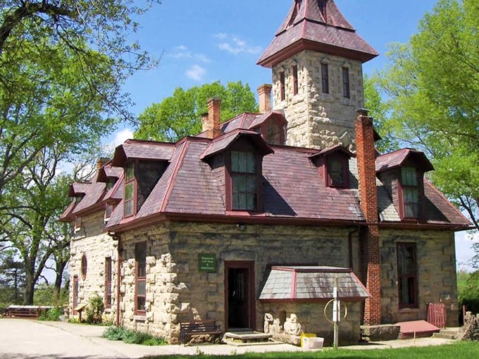 The Piatt Castles' limestone walls glow golden in the afternoon sun, a European daydream in the heart of Ohio.