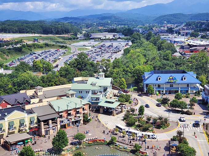 Bird's eye view of Pigeon Forge reveals its secret recipe: equal parts mountain majesty, tourist charm, and parking lots. Lots of parking lots.