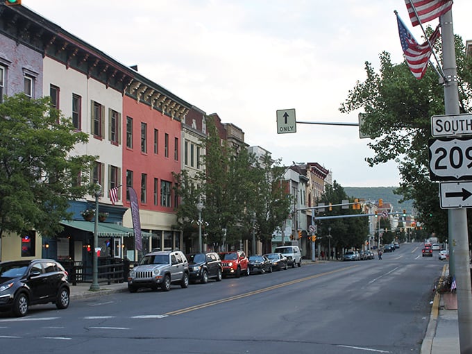 Sunlight plays across Pottsville's historic facades, creating a postcard-perfect scene straight out of a Norman Rockwell painting.