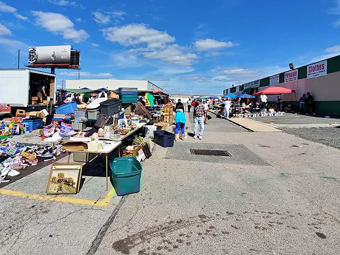 Outdoor vendors at Quaker City with tables full of merchandise. Urban archaeology at its finest!