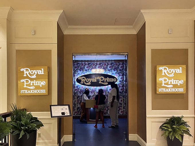 The golden glow of Royal Prime's entrance promises an experience fit for royalty. Steak with a side of sophistication.
