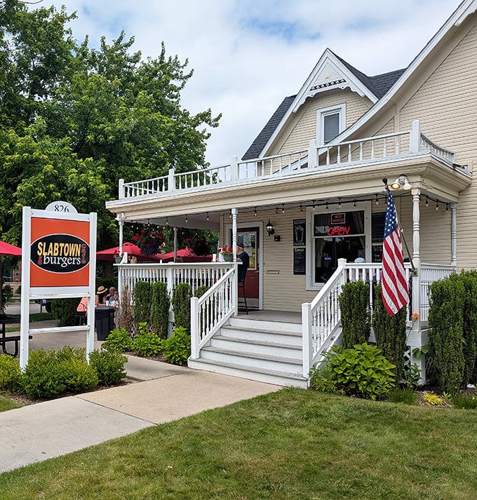That welcoming porch and American flag &ndash; Slabtown Burgers isn't just selling food, it's offering a slice of Michigan nostalgia.