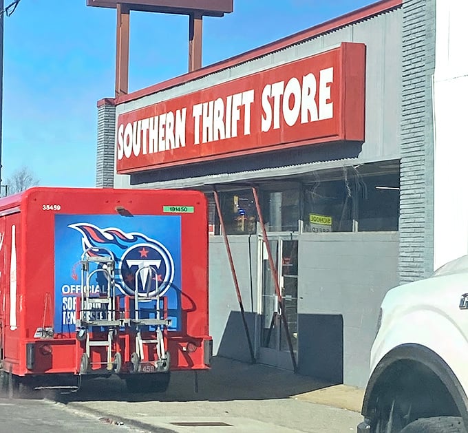 That Tennessee Titans truck hints at local treasures inside Southern Thrift. Football fans, take note!