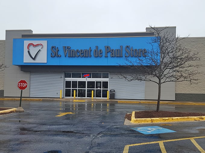 Even on a rainy day, St. Vincent de Paul's cheerful blue sign promises sunshine for your wallet and your shopping spirit. 