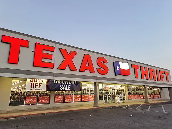 That massive "TEXAS THRIFT" sign isn't just advertising—it's a promise of bargains as big as the state itself.