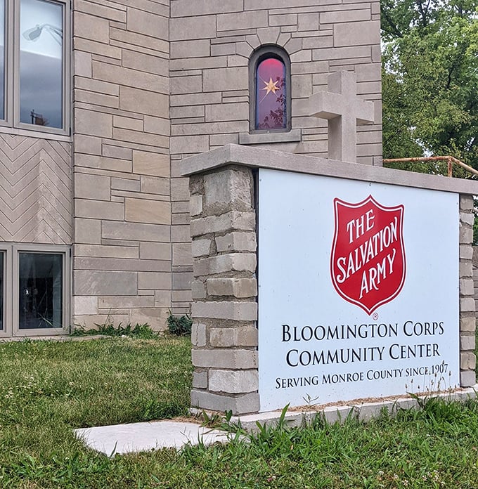 That community center sign reminds you shopping here feeds both your closet and your conscience.
