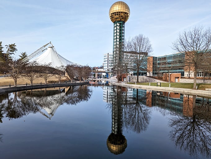 Reflected in the water like a scene from a sci-fi movie, this golden globe proves the future arrived in 1982.