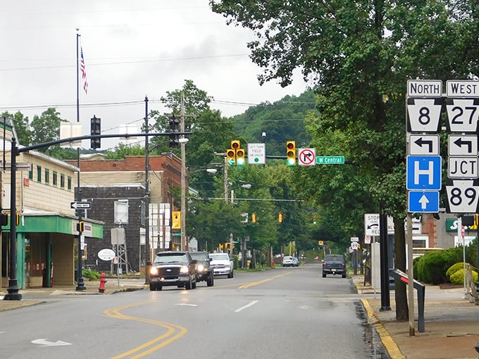 A bird's-eye view of Titusville reveals a patchwork of historic buildings nestled among Pennsylvania's rolling hills.
