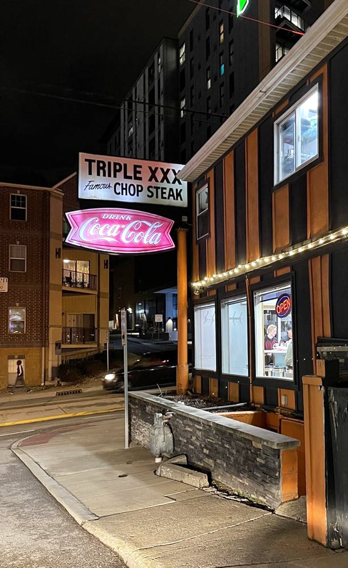 Evening light glints off the Triple XXX sign, shining brightly for hungry diners and caffeine-deprived minds.