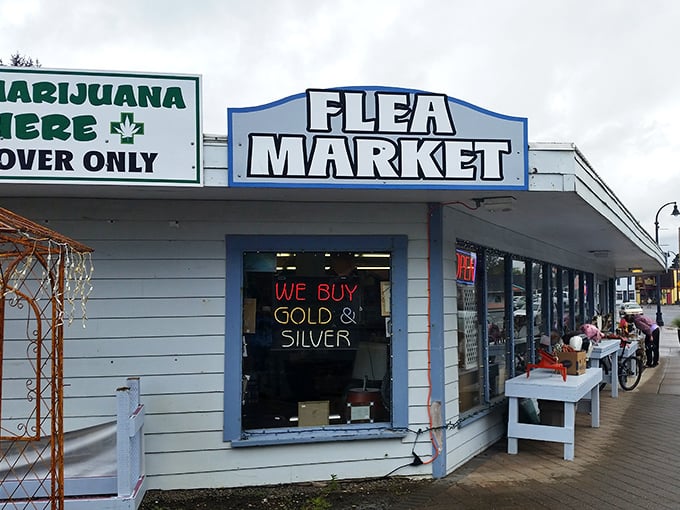 "We Buy Gold & Silver" glows in neon, but the real gold is in the eclectic treasures inside this coastal Highway 101 gem.