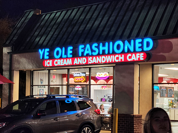 The neon glow of Ye Ole Fashioned at night - like a lighthouse guiding hungry sailors to sandwich salvation. 