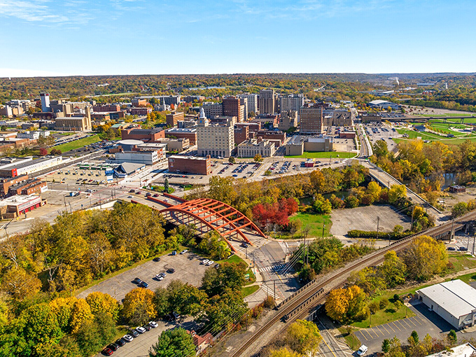 From above, Youngstown spreads like a comfortable quilt along the Ohio River's gentle curves.