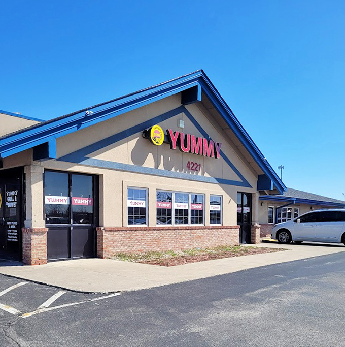 Sunshine and endless options! Yummy's bright blue trim hints at the colorful array of Asian and American favorites waiting to fill your plate inside.