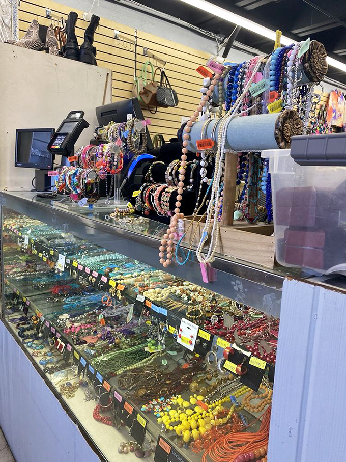The jewelry counter sparkles with possibility. One person's discarded accessories become another's statement piece, proving beauty truly is in the eye of the beholder.