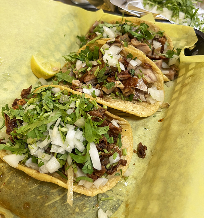 Fresh adobada tacos topped with cilantro and onions - simplicity that would make Martha Stewart weep with joy.