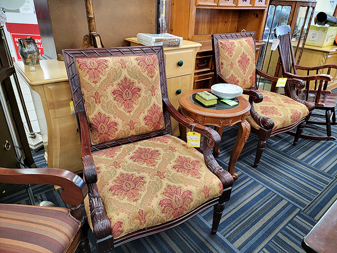 These elegant chairs with their regal damask upholstery look like they once hosted sophisticated dinner parties. Now they're waiting for your next gathering.
