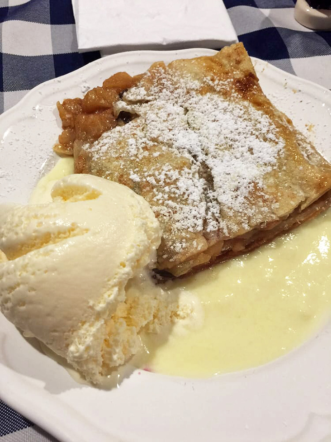 Apple strudel that would make Mozart weep, with flaky pastry dusted in powdered sugar and vanilla ice cream melting into a custard pool.