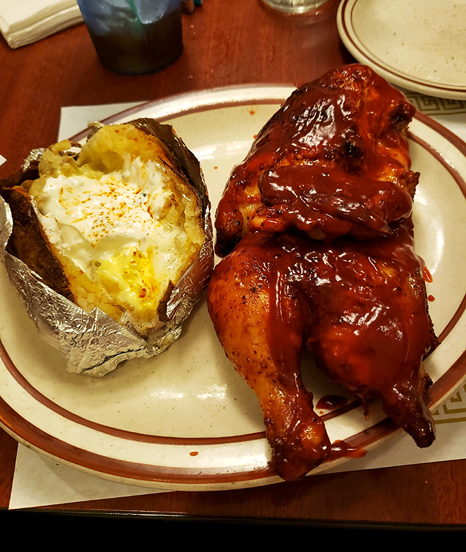 BBQ chicken and a loaded baked potato&mdash;the dinner equivalent of a warm hug from someone who really knows how to cook.