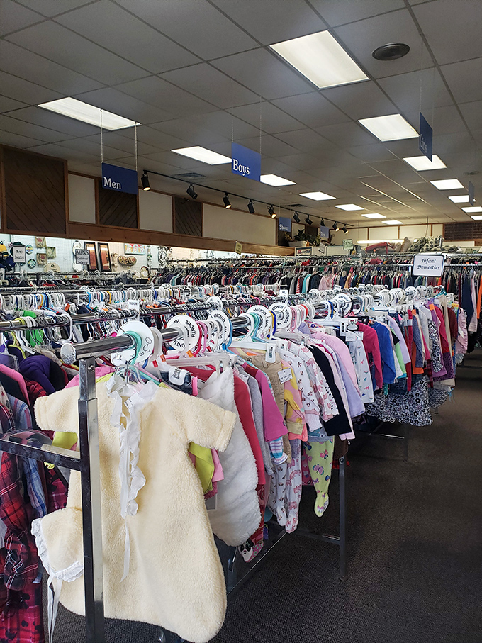 Baby clothes galore, meticulously organized by size. Future fashionistas start here, without the mall prices that make parents weep.
