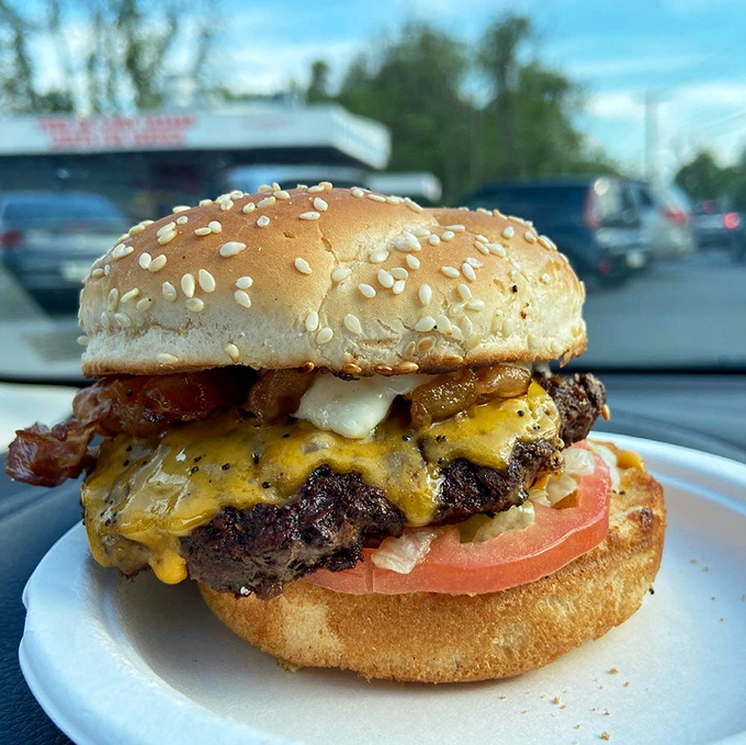 The Bunny Burger in its natural habitat &ndash; viewed through a windshield, this bacon cheeseburger is the Pennsylvania road trip companion you never knew you needed.
