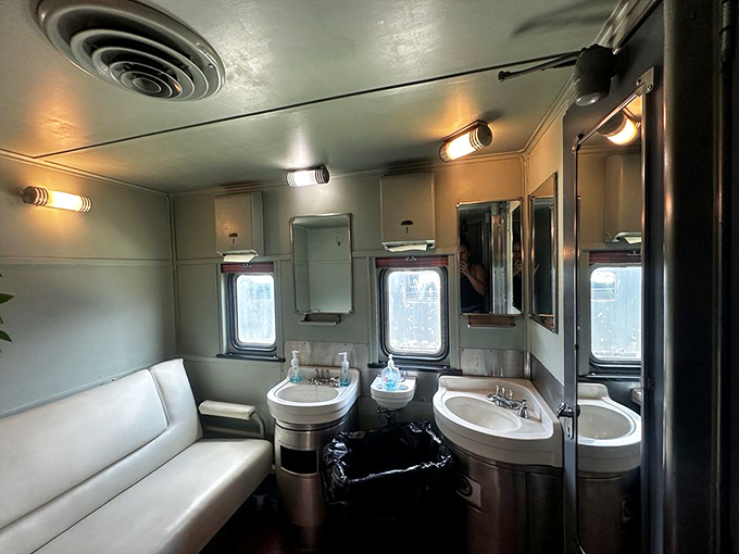 Even the restrooms aboard the Sugar Express maintain period charm with gleaming fixtures and vintage styling. Train travel as it should be!