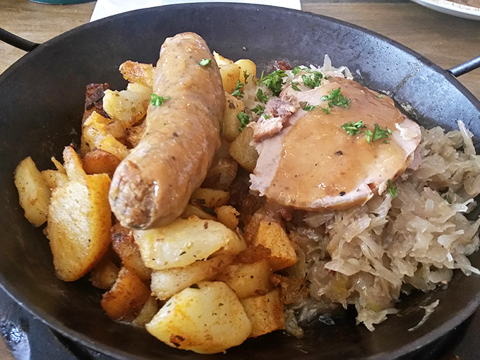 The breakfast that launched a thousand return visits. German sausage, potatoes, and sauerkraut&mdash;a morning trio that puts cereal to shame.
