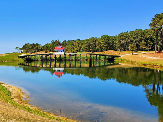 A bridge over tranquil waters leads to that little red building&mdash;possibly the world's most picturesque spot for an afternoon nap.