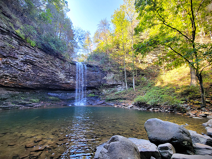 Cherokee Falls doesn't just fall—it performs. The crystalline pool below looks like nature's version of a five-star resort swimming hole.