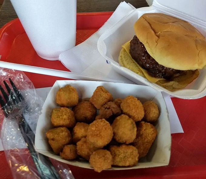 The classic cheeseburger with a side of okra nuggets. Simple pleasures that remind you why sometimes the best things in life don't need reinvention.