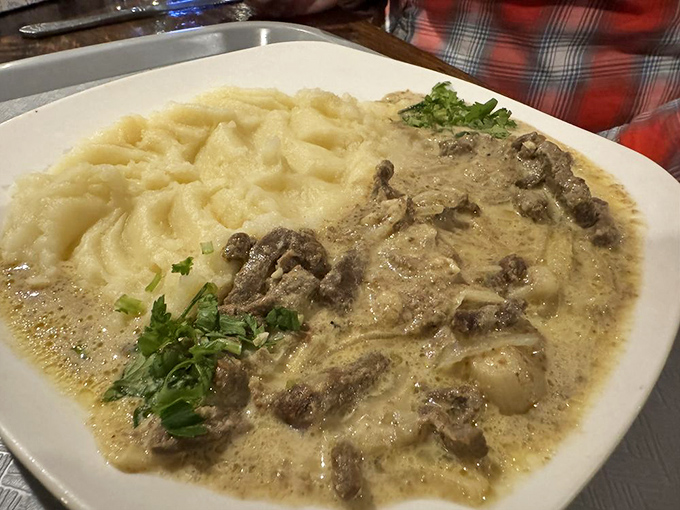 This beef stroganoff isn't just comfort food—it's therapy in a dish. Tender beef swimming in creamy sauce alongside a cloud of mashed potatoes.