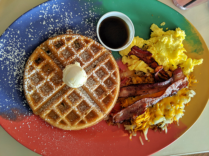 The perfect Belgian waffle doesn't exi&mdash; wait, here it is! Golden, crisp exterior, fluffy inside, with eggs and bacon playing the perfect supporting roles.