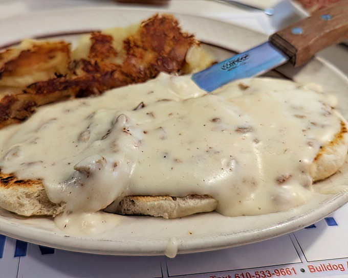 Country gravy isn't just a topping, it's a lifestyle choice. This biscuit smothered in peppery goodness would make any Southern grandmother nod in approval.