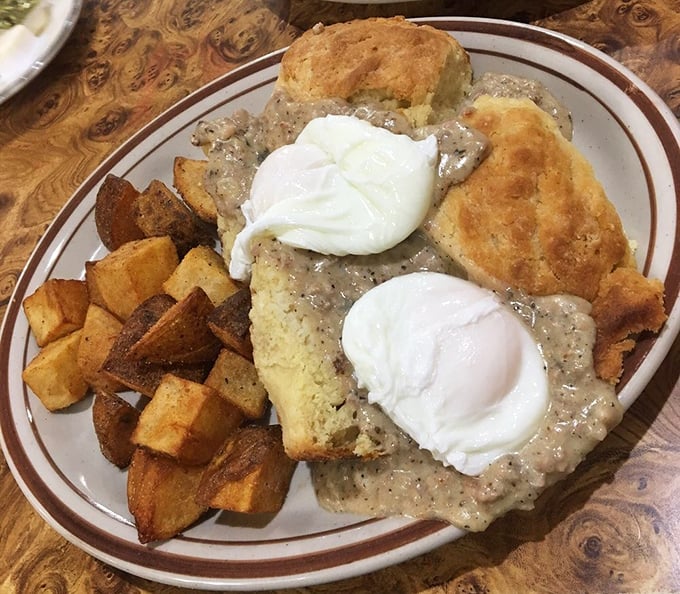 Biscuits swimming in creamy gravy with perfectly poached eggs &ndash; the breakfast equivalent of a warm hug from your favorite aunt.