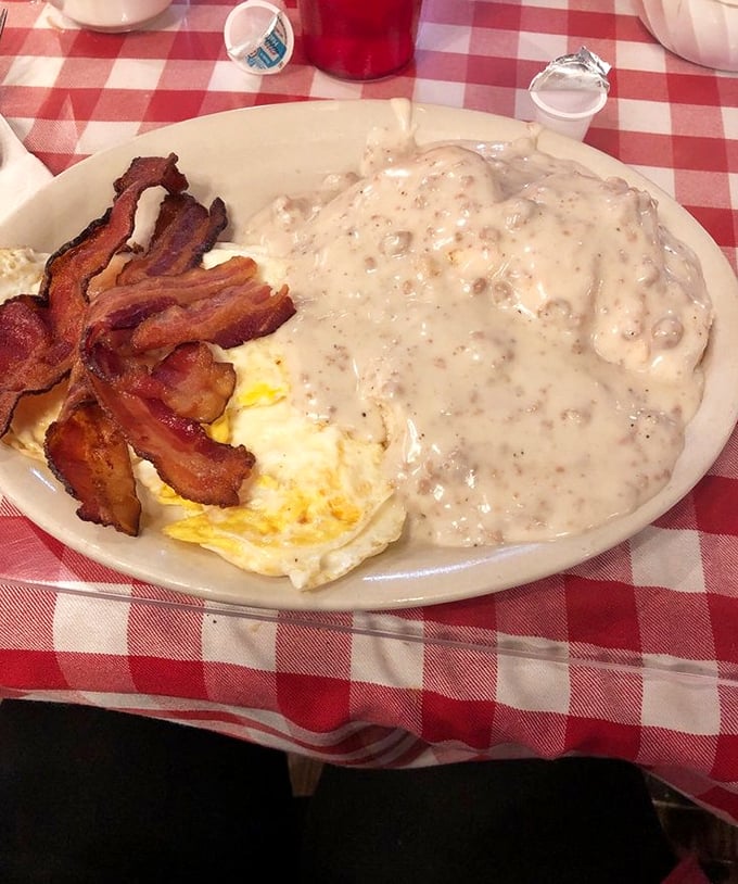Biscuits and gravy that could settle family feuds, paired with eggs and bacon that remind you why breakfast remains the day's most important negotiation.