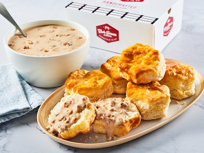 Golden biscuits bathing in creamy sausage gravy &ndash; the breakfast equivalent of a warm hug from your favorite grandparent.