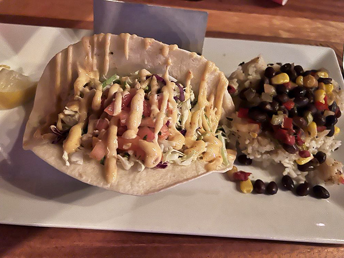 Blackened shrimp tacos that make you wonder why you ever eat anything else. The sauce drizzle is pure coastal poetry.