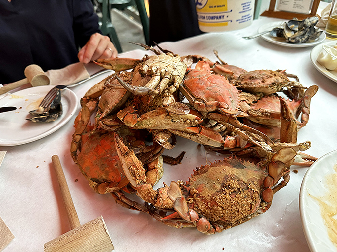 The seafood equivalent of a treasure chest&mdash;steamed blue crabs piled high, waiting for you to crack into their sweet, succulent meat.