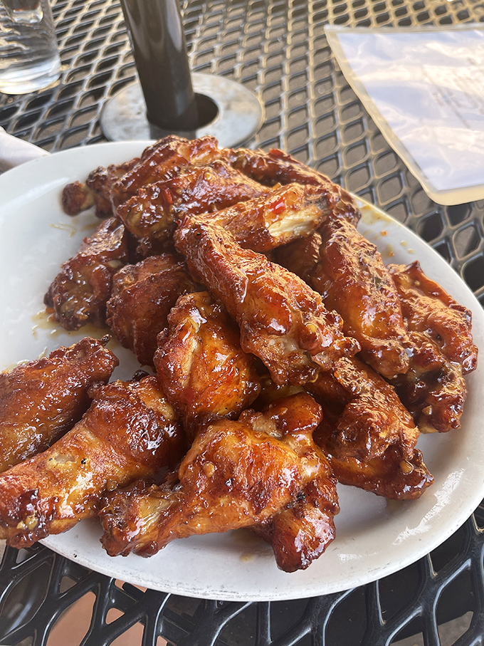 Wings so glossy they could be in a food magazine. That caramelized sauce clings to each piece like it's afraid of missing the party in your mouth.