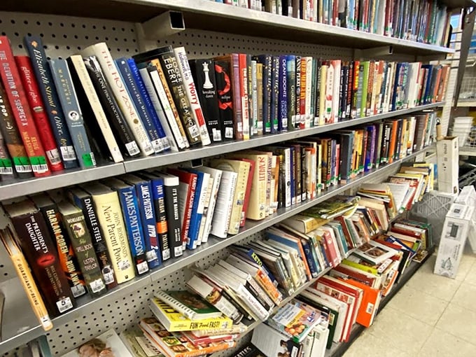 A bibliophile's paradise where dog-eared paperbacks and pristine hardcovers create a literary buffet. Every shelf tells a story—or several hundred.