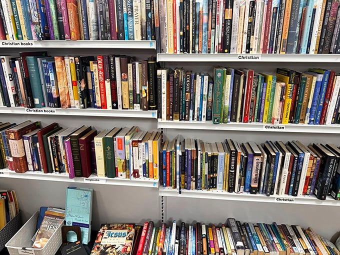 The Christian book section offers spiritual guidance and literary treasures at prices that feel like divine intervention.